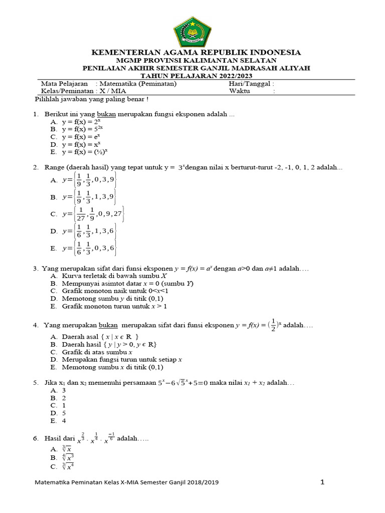 NASKAH SOAL MATEMATIKA (P) X - MIA-revisi | PDF