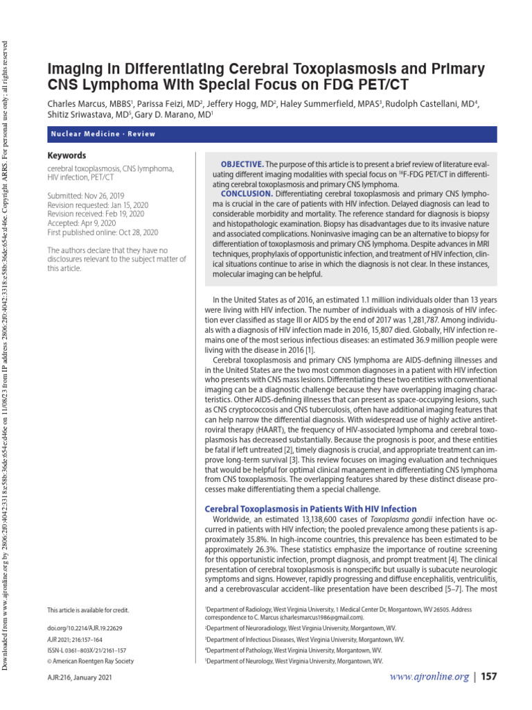 Marcus Et Al 2020 Imaging in Differentiating Cerebral Toxoplasmosis and Primary Cns Lymphoma ...