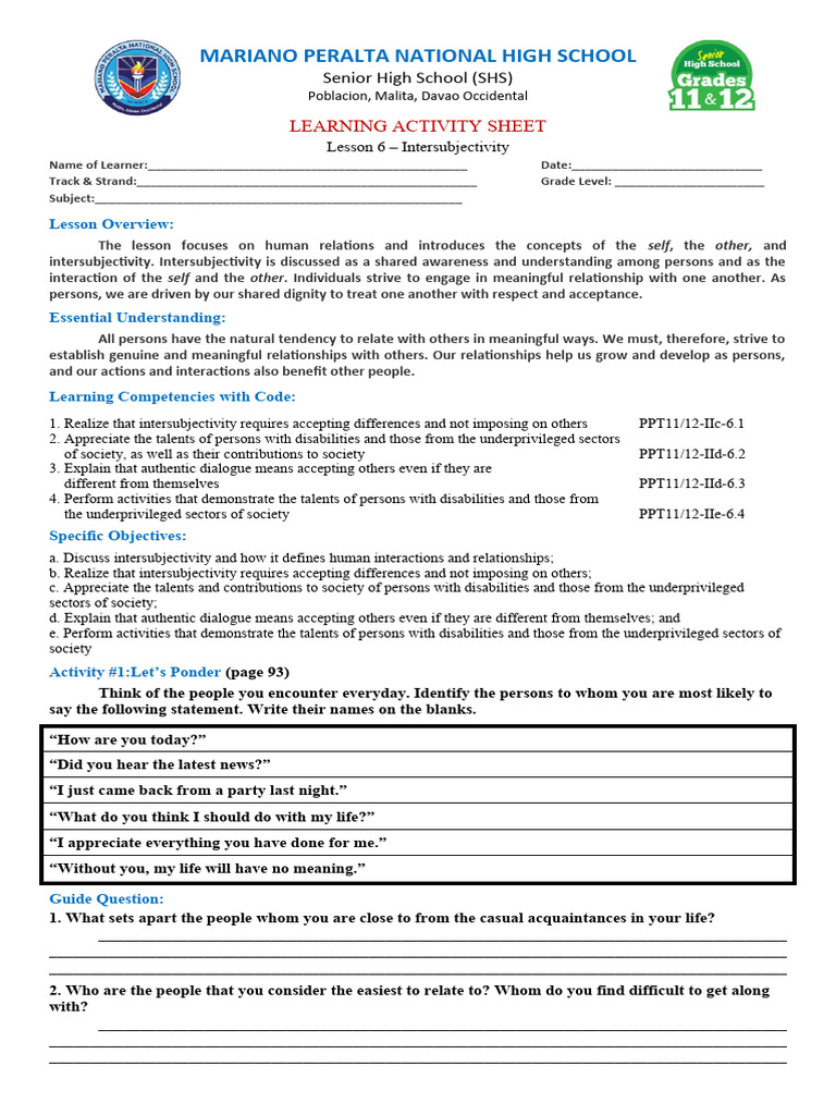 Lesson 6 Intersubjectivity | PDF