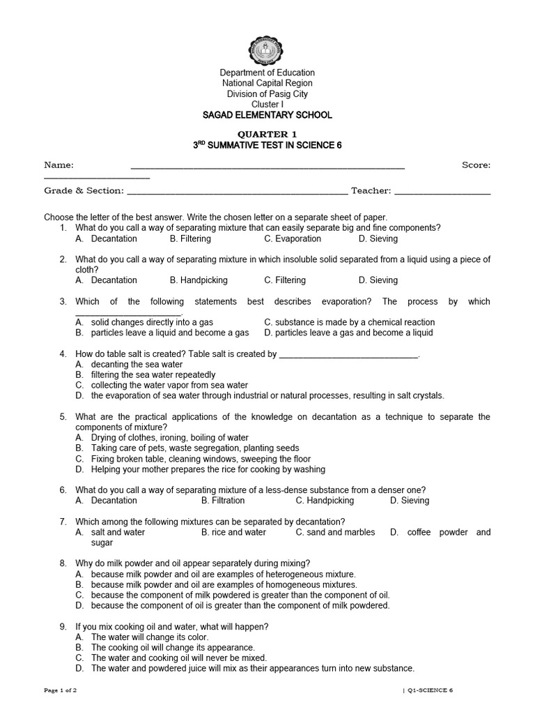 Science 6 3RD Summative Test Q1 | PDF | Filtration | Mixture