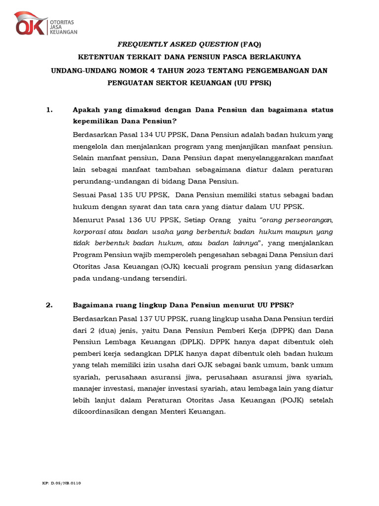 FAQ UU PPSK Dana Pensiun 2023 | PDF