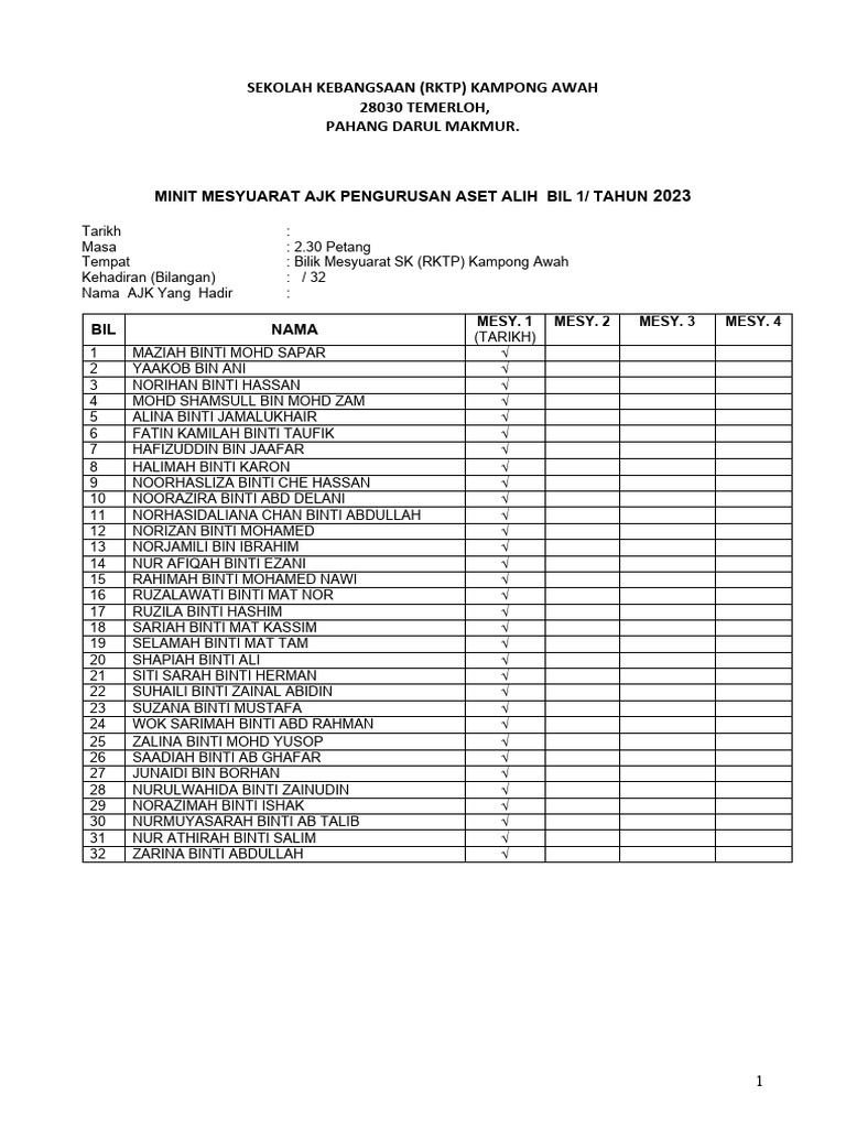 Minit Mesyuarat 1 JKPAK 2023 | PDF