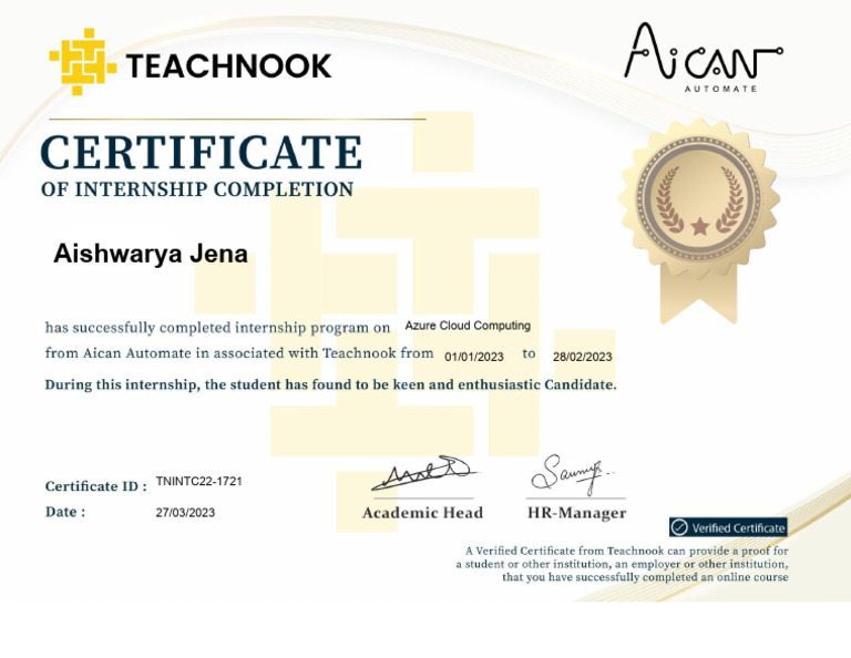 TEACHNOOK Internship Completion Certificate - Aishwarya | PDF