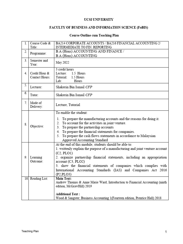 Teaching Plan | PDF | Accounting | Business