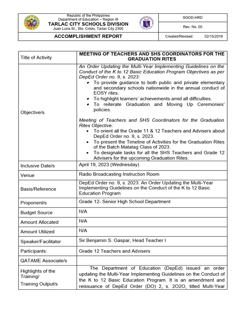 SHS Graduation Rites Planning | PDF | Asia | Philippines