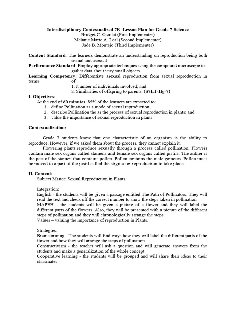 Lesson Plan in Science Grade 7 (Sexual Reproduction in Plants) Quarter ...
