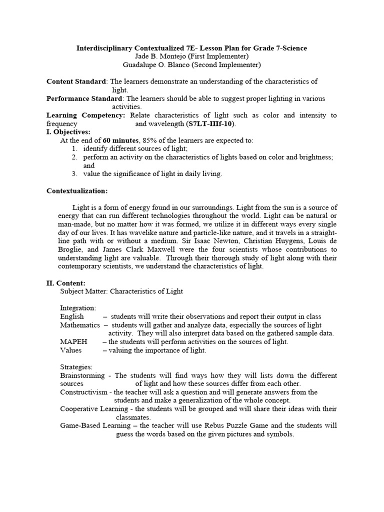 7E Lesson Plan On Characteristics of Light | PDF
