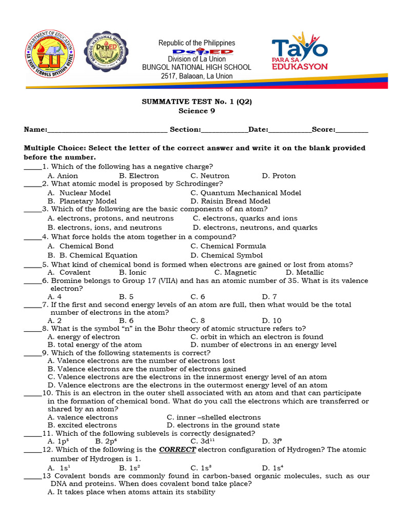 Science 9 & 10 Summative Test 2021 | PDF