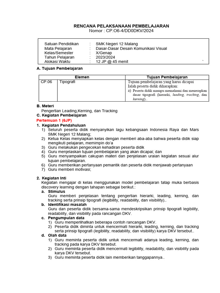 Rencana Pelaksanaan Pembelajaran DPK-DKV CP.06-4 | PDF | Seni