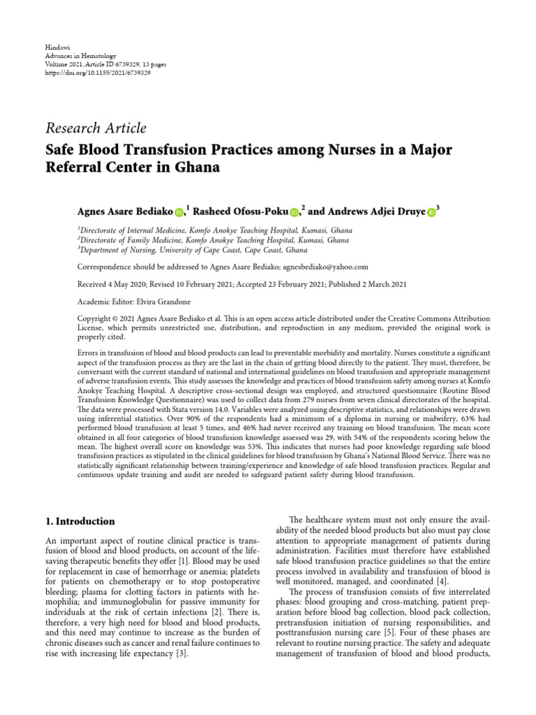 Safe Blood Transfusion Practices Among Nurses | PDF
