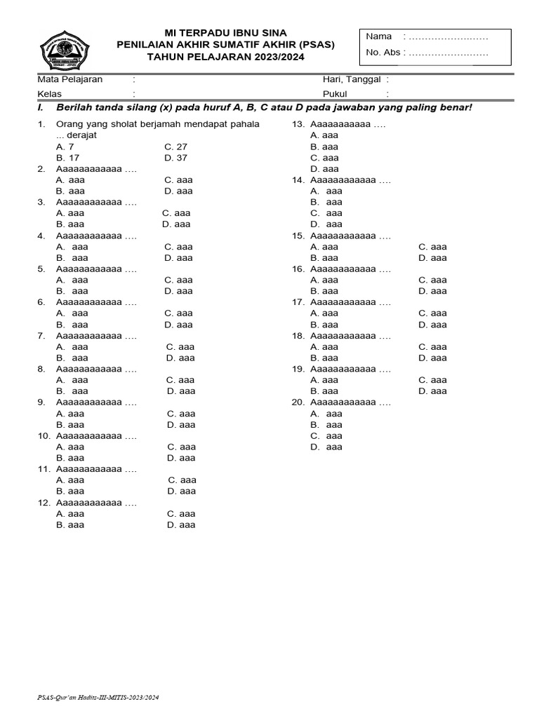 Format Soal Psas Kelas 3 Dan 4 23-24 | PDF