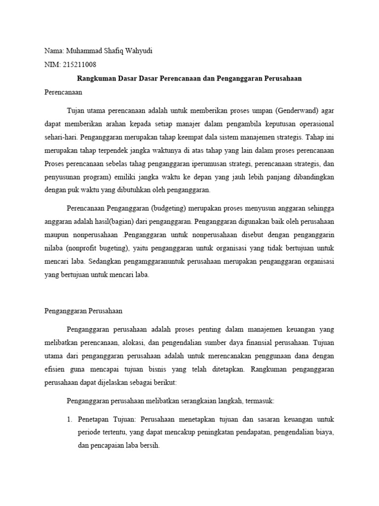 Rangkuman Dasar Dasar Perencanaan Dan Penganggaran Perusahaan | PDF | Pengelolaan Keuangan & Uang