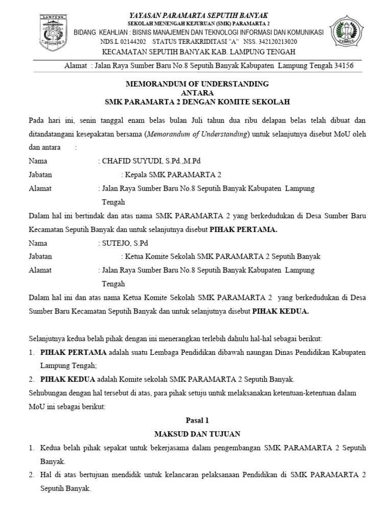 MOU Komite Sekolah | PDF
