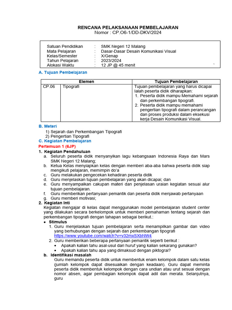 Rencana Pelaksanaan Pembelajaran DPK-DKV Cp.06-1 | PDF