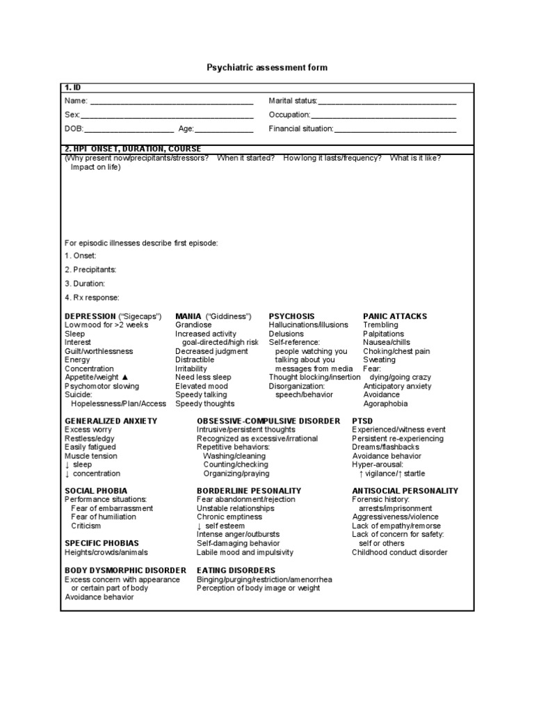 Fig psychiatricAssessmentForm | PDF | Substance Abuse | Panic Attack
