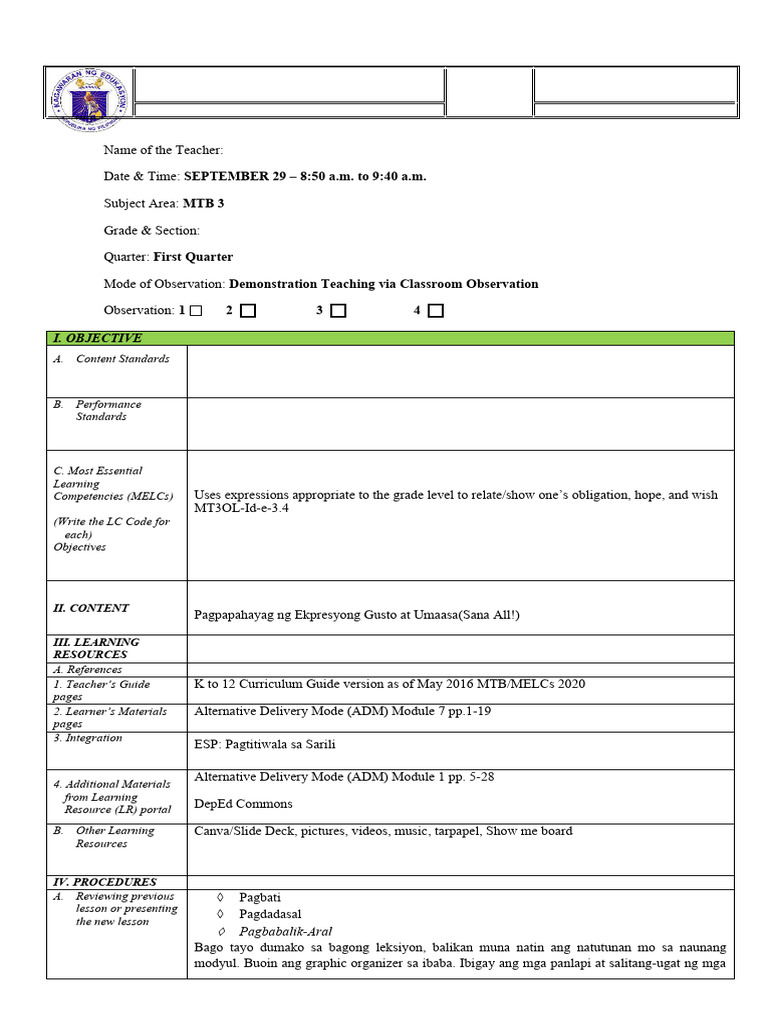 Cot2 - Lesson Plan in MTB - 1ST Quarter | PDF | Wellness