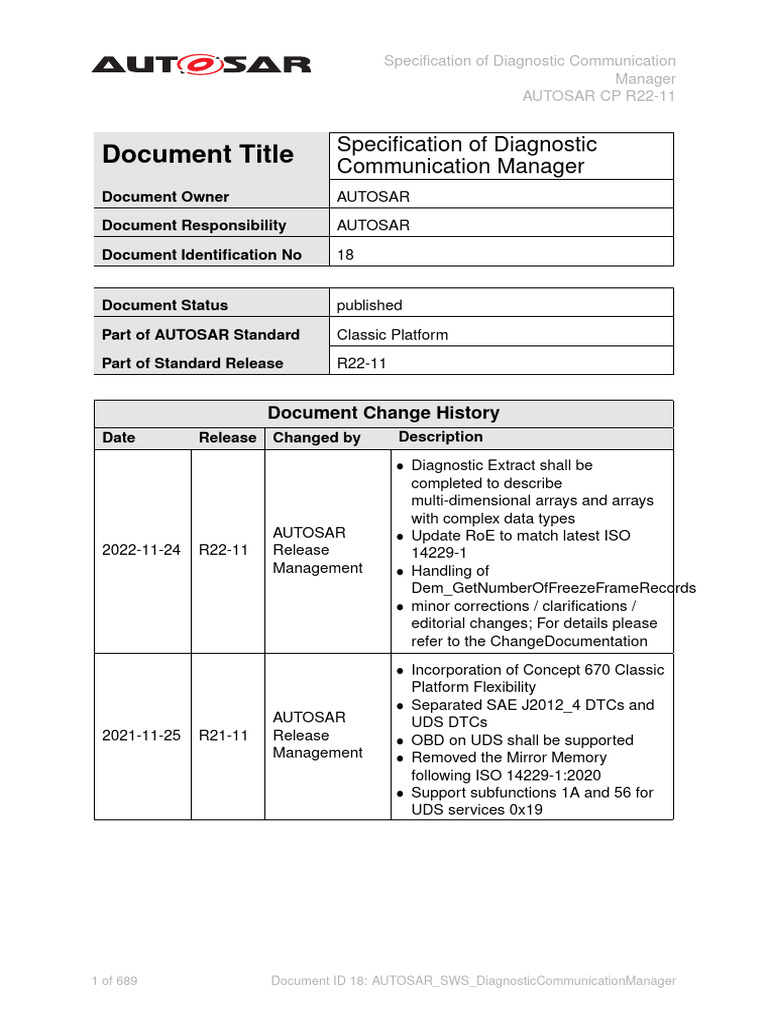 AUTOSAR SWS DiagnosticCommunicationManager | PDF