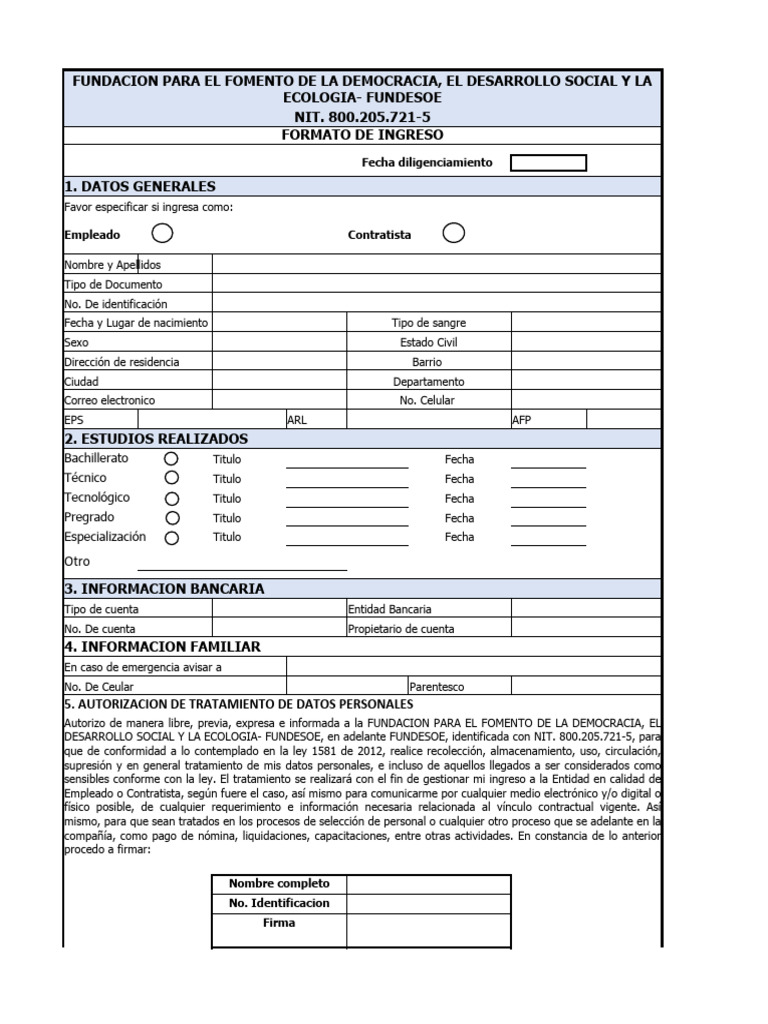 Formato Ingreso Empleados y Contratistas | PDF