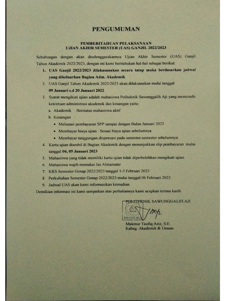 Pengumuman UAS | PDF