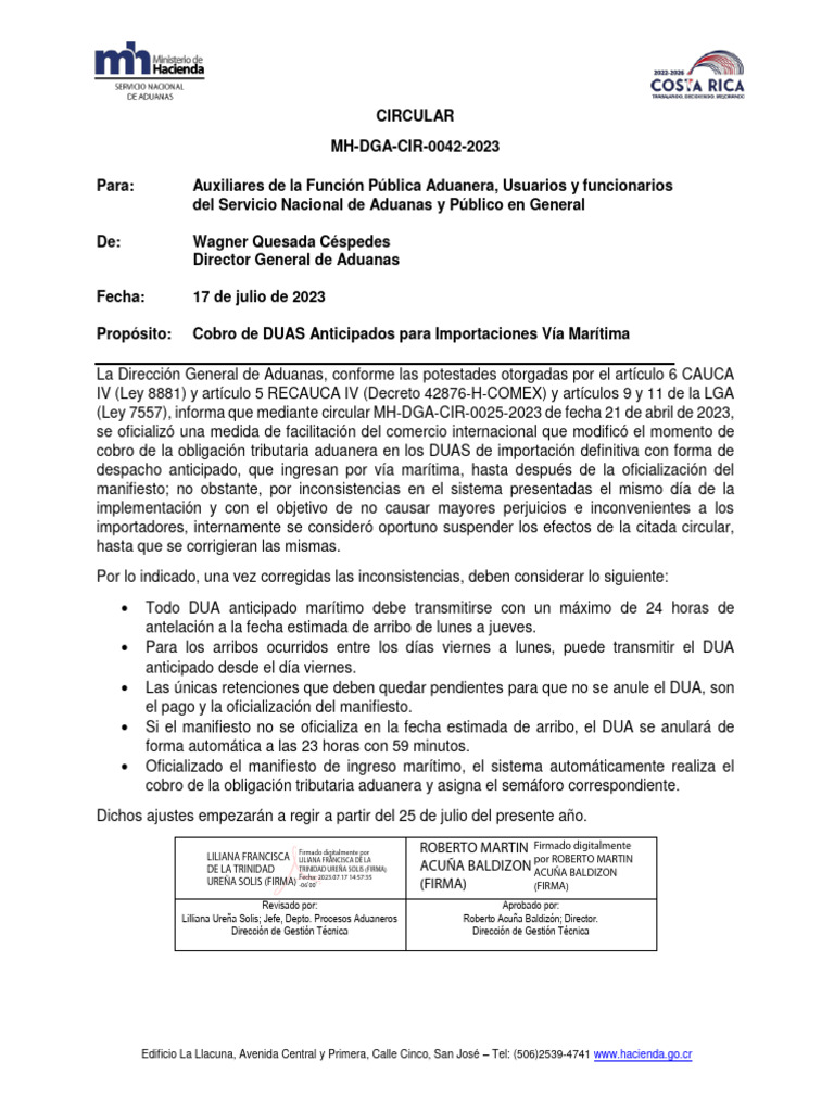 CIRCULAR MH DGA CIR 0042 2023 DUAS Anticipadas | PDF