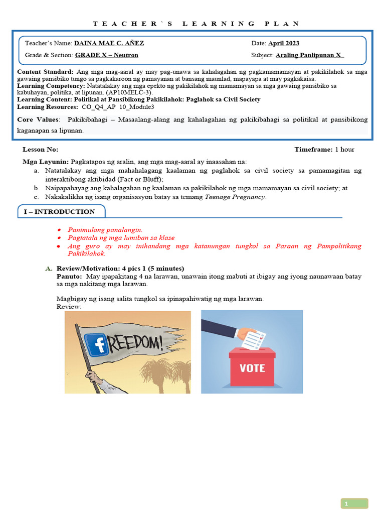 DLL COT Q4 M3 Paglahok-sa-Civil-Society-Lesson-Plan | PDF