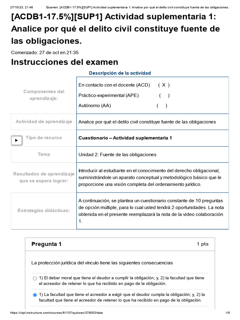 Examen - (ACDB1-17.5%) (SUP1) Actividad Suplementaria 1 - Analice Por Qué El Delito Civil ...