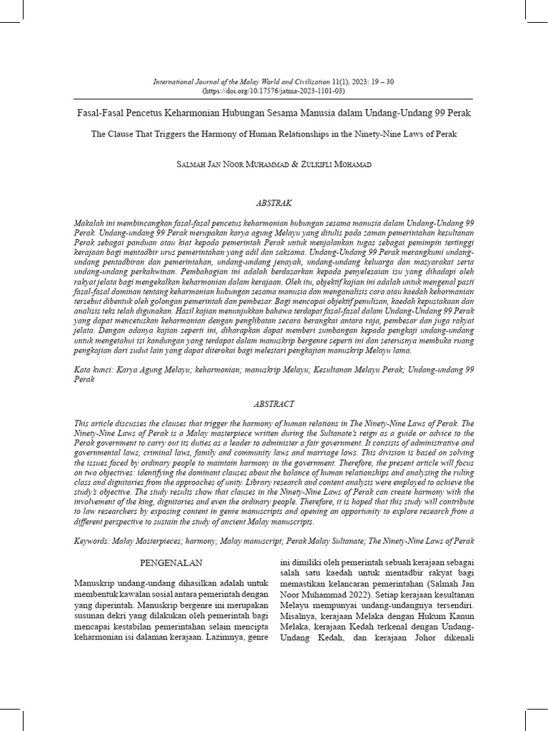 Fasal-Fasal Pencetus Keharmonian Hubungan Sesama Manusia Dalam Undang-Undang 99 Perak | PDF