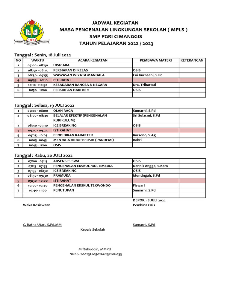 Jadwal Kegiatan Mpls 2022 | PDF