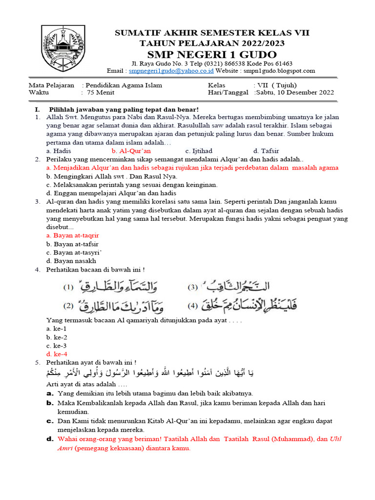 Ujian PAI Kelas VII | PDF