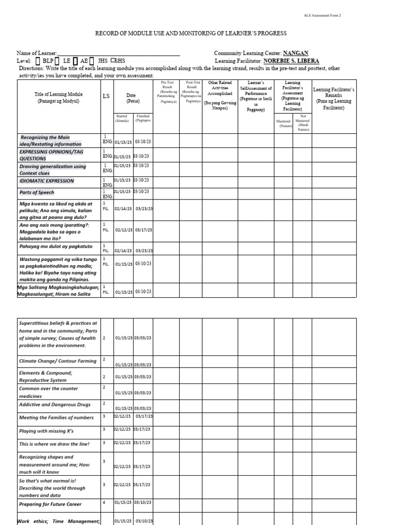 ALS Learner Progress Monitoring Form | PDF