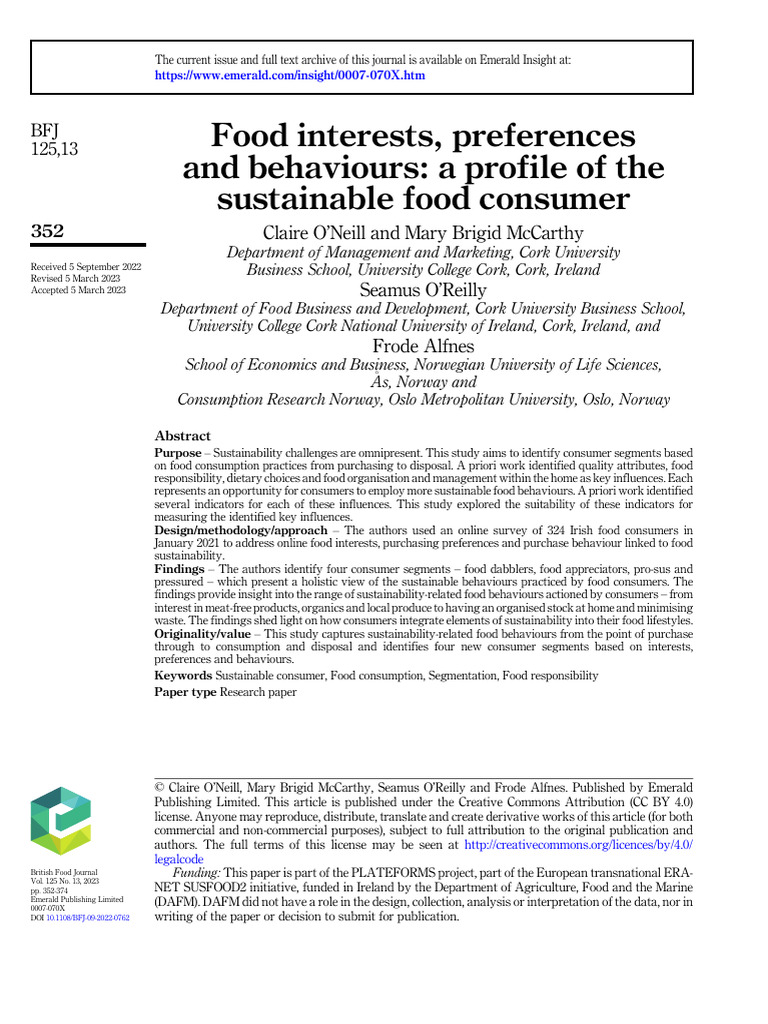 Food Interests, Preferneces and Behaviours A Profilr of The Sustainable ...