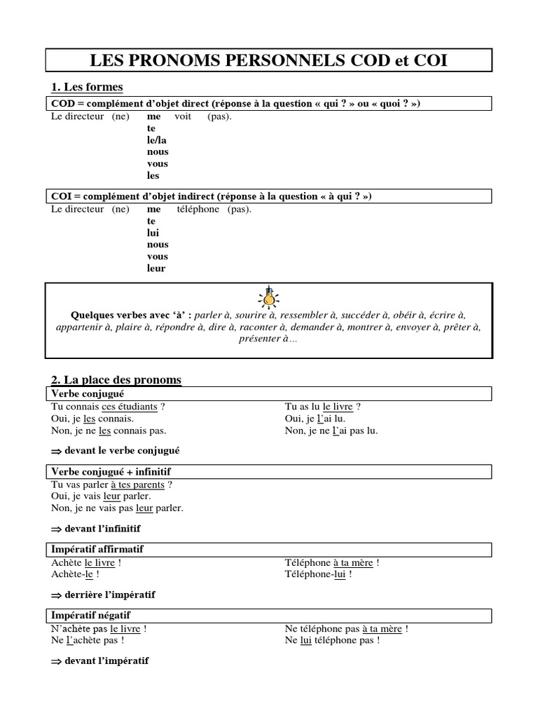Les Pronoms Personnels COD Et COI + Exercices | PDF | Arts du langage ...