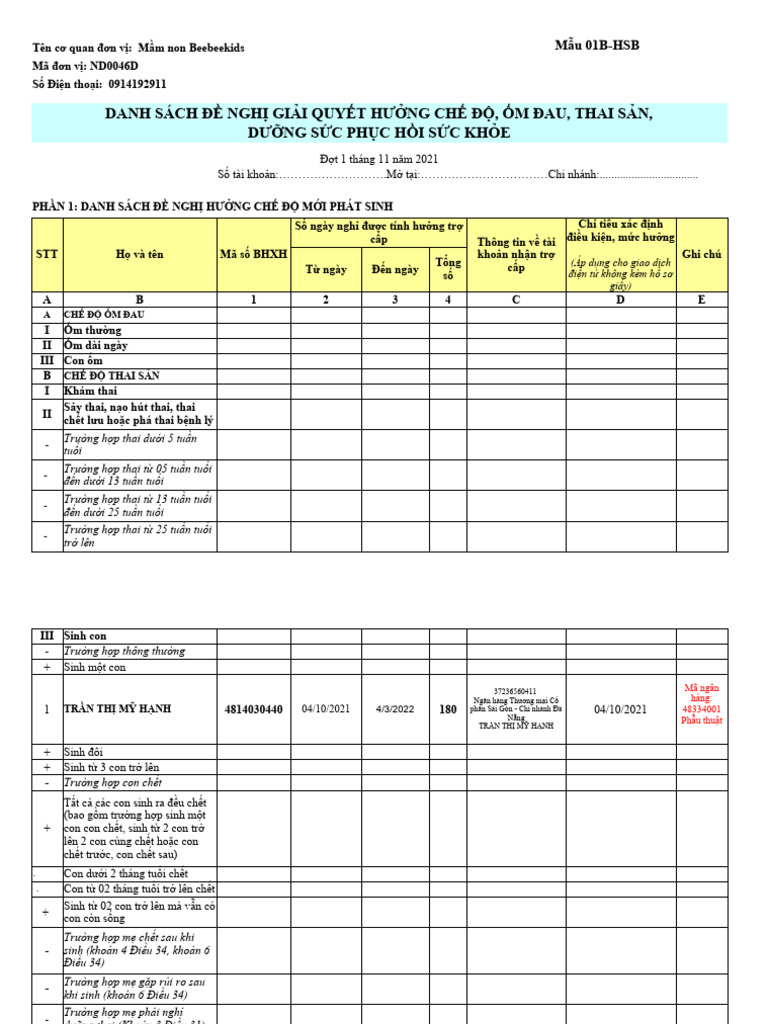 Mẫu 01B-HSB Theo QĐ 166 - Thai San Hanh T11.2021 | PDF