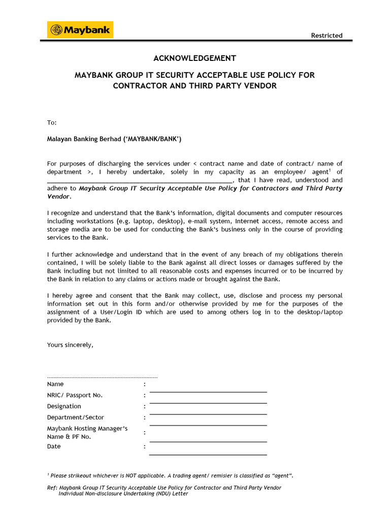 Acknowledgement Letter For Maybank Group Acceptable Use Policy For ...