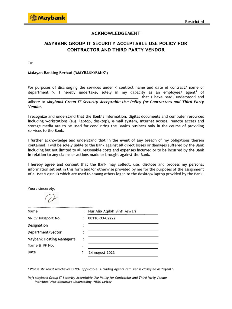 Acknowledgement Letter For Maybank Group Acceptable Use Policy | PDF