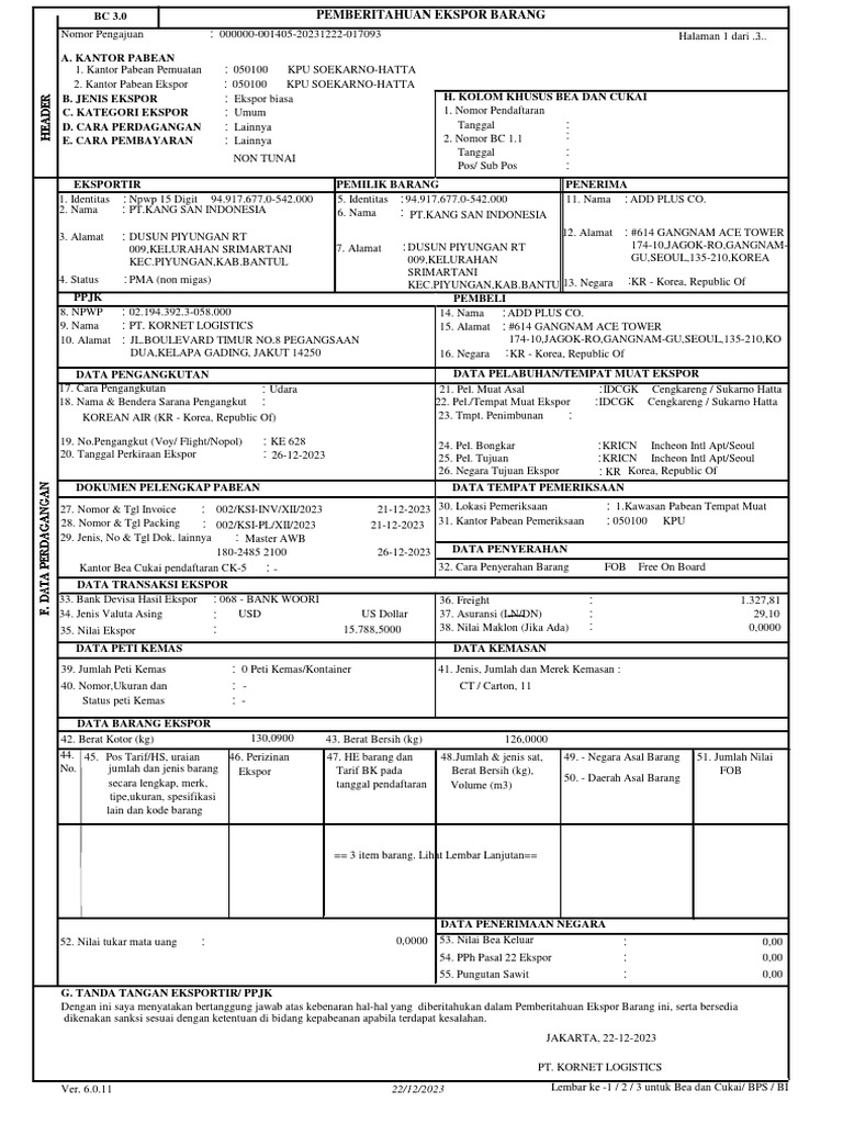 Pemberitahuan Ekspor PT Kornet Logistics | PDF