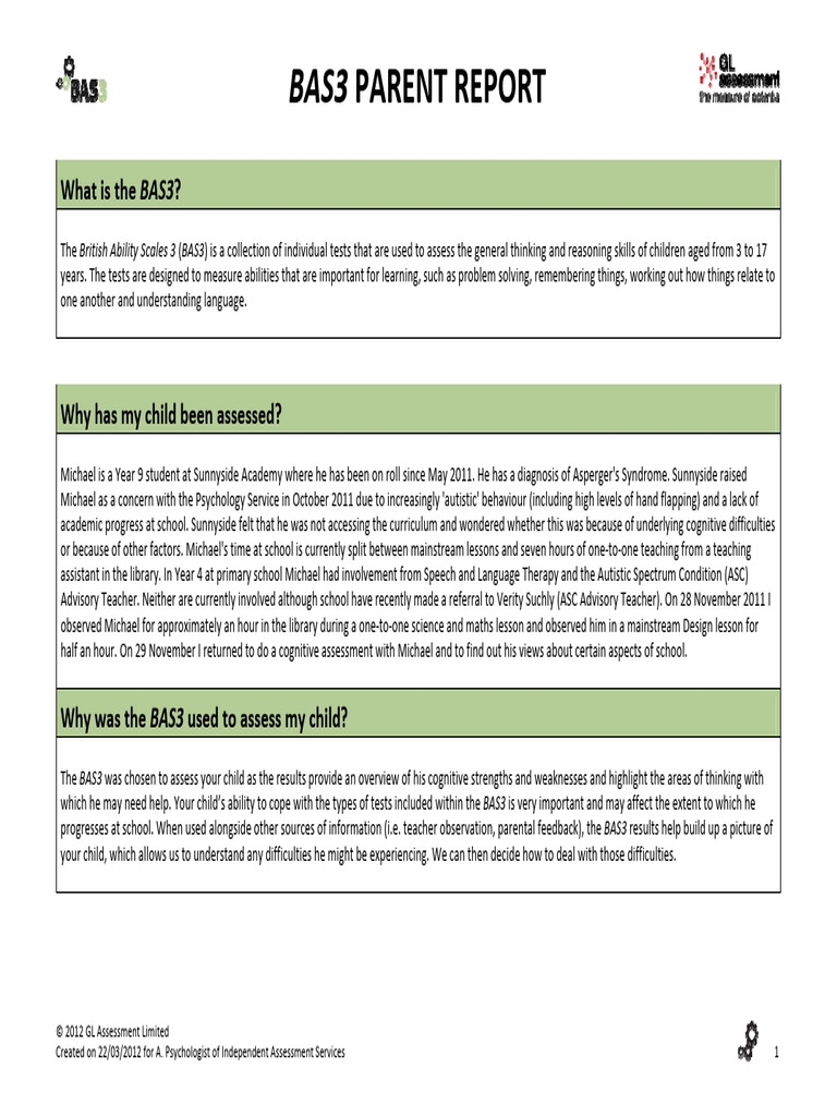 Bas3 Sample Parent Report School Age | PDF | Autism Spectrum | Cognition