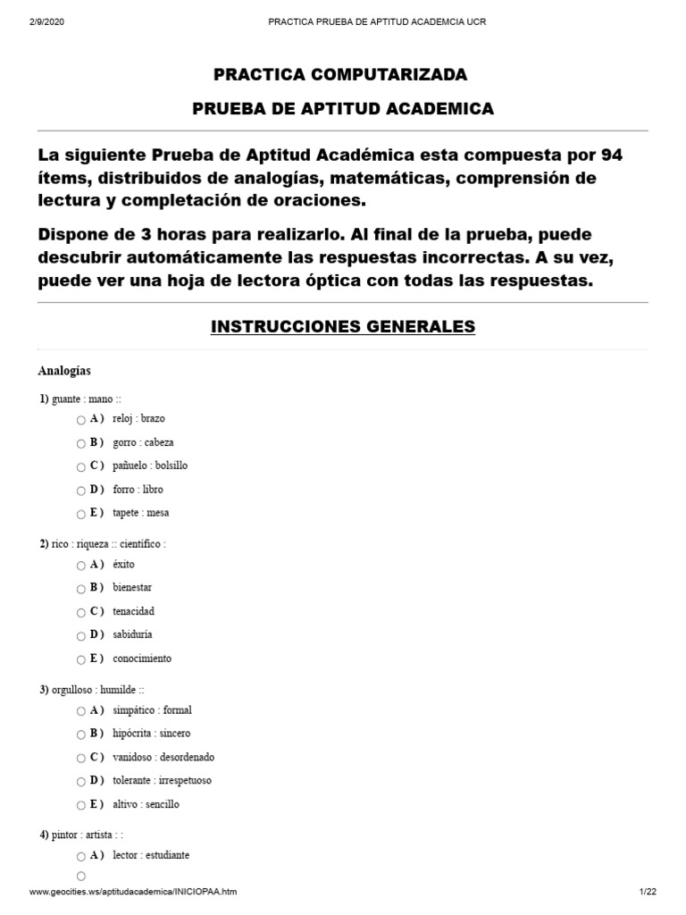 Practica Prueba de Aptitud Academcia Ucr | PDF | Agua | Vida extraterrestre