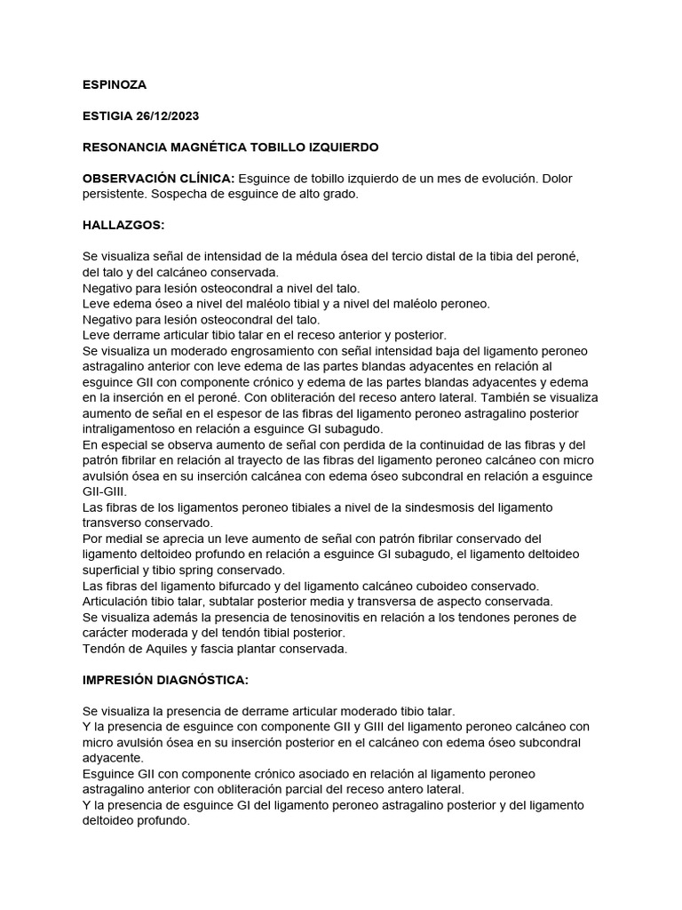 RM Tobillo Izquierdo Espinoza | PDF