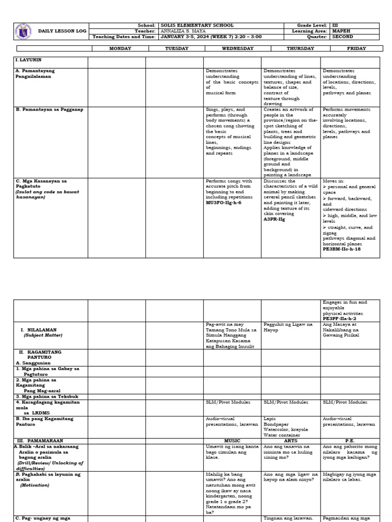 DLL - Mapeh 3 - Q2 - W7 | PDF