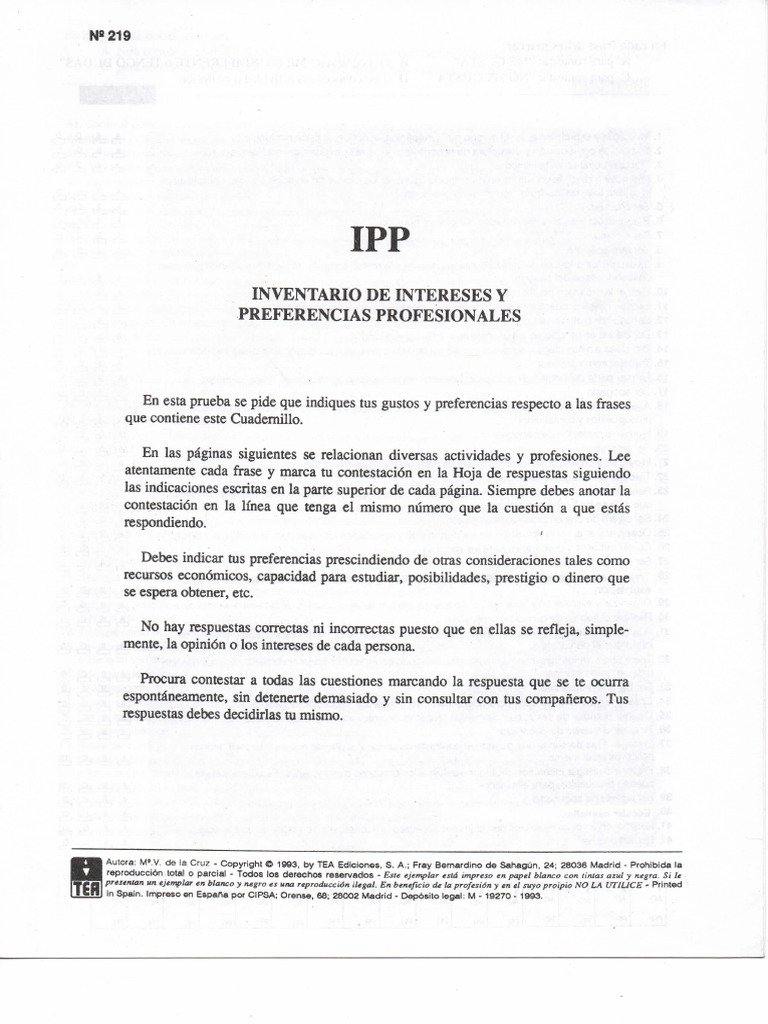 Intereses y Preferencias Profesinales IPP (Cuadernillo-Perfil-Protocolo) | PDF