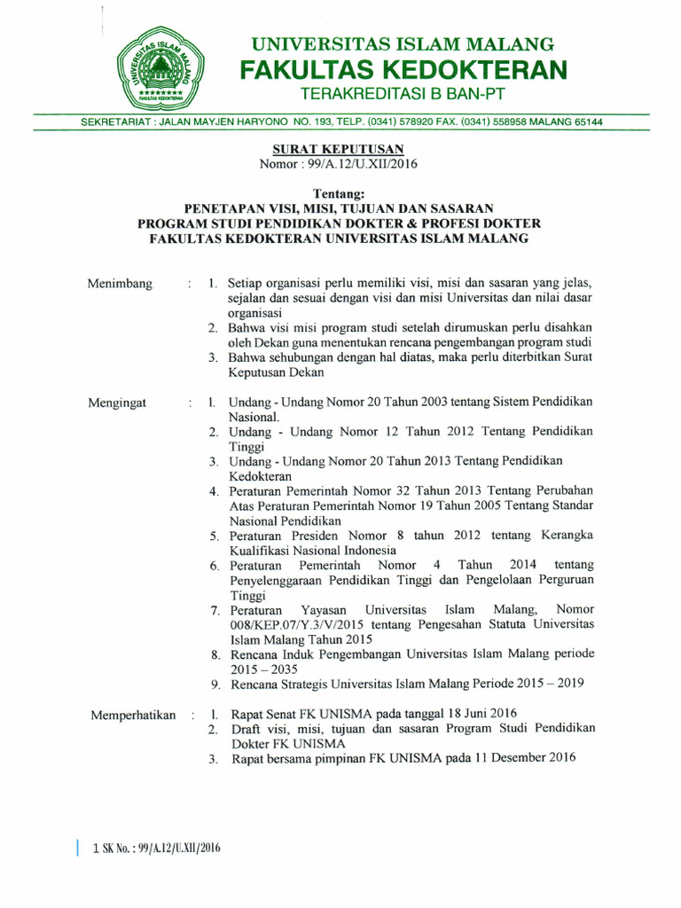 4. Salinan SK DEKAN TENTANG PENETAPAN VISI, MISI, TUJUAN DAN SASARAN ...