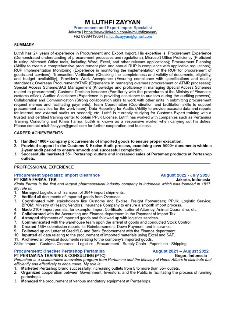 CV M Luthfi Zayyan - Senior Procurement Staff | PDF | Procurement | Logistics