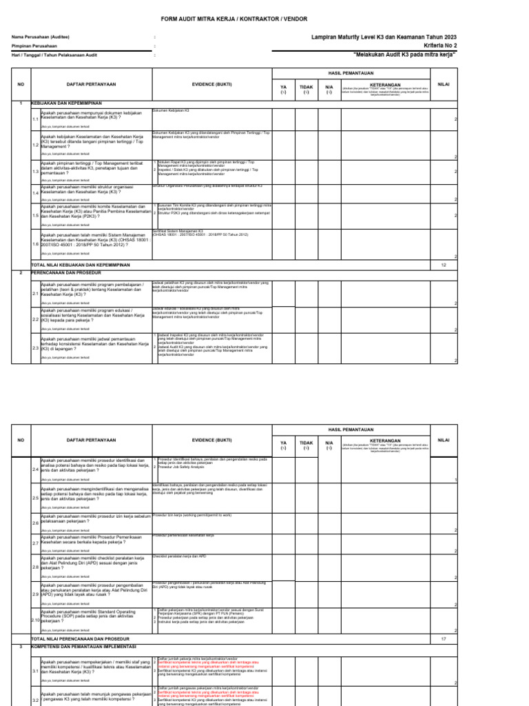 Form Audit Mitra Kerja Master | PDF