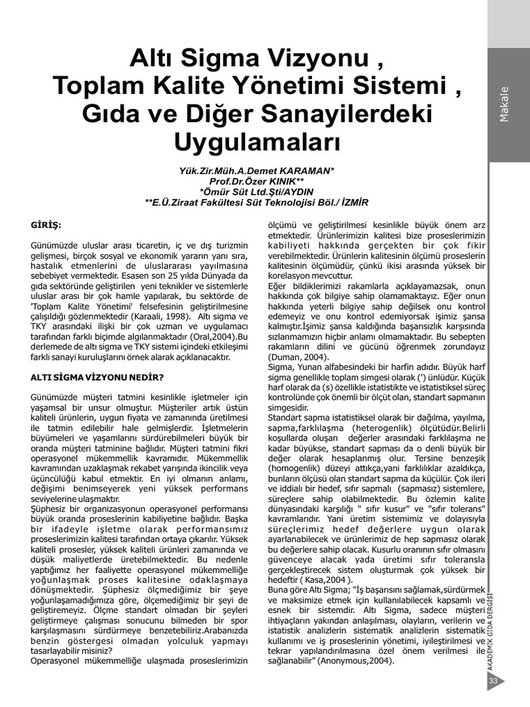 Alt - Sigma Vizyonu, Toplam Kalite Y - Netimi Sistemi, G - Da Ve Di - Er Sanayilerdeki ...