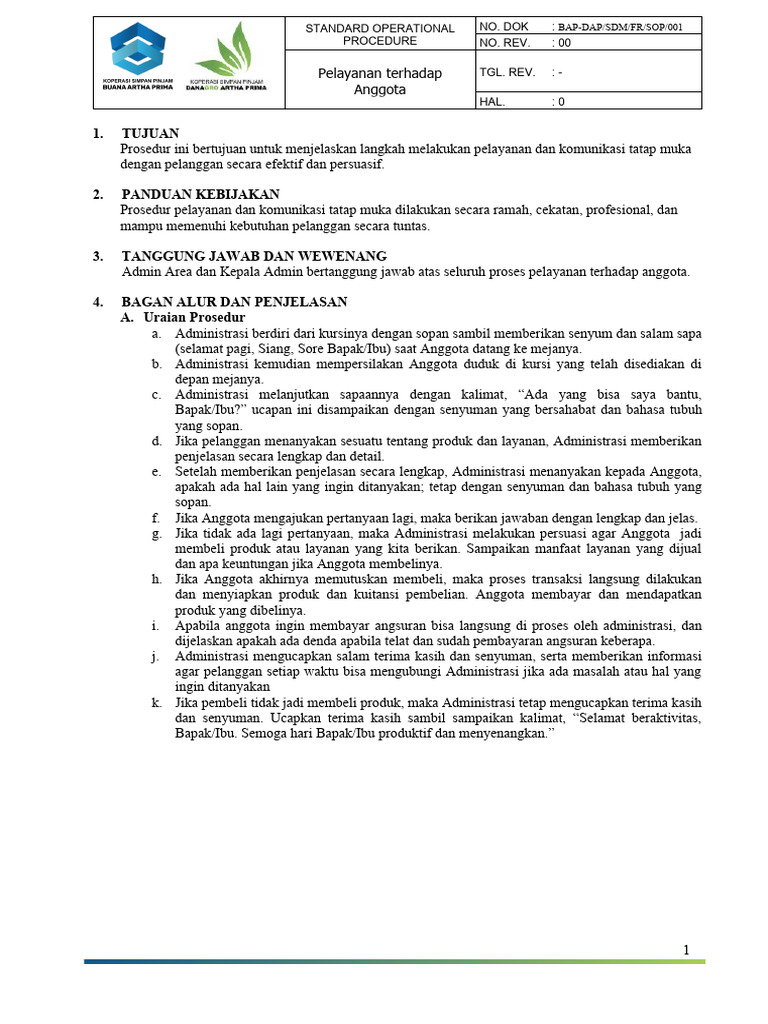 Revisi-SOP Admin - Pelayanan Anggota | PDF