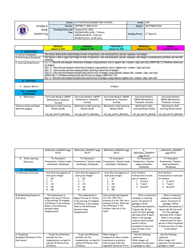 Grade 6 Math Lesson Plan: Integers | PDF