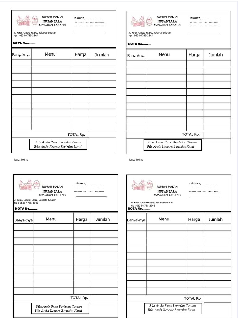 Nota Rumah Makan Word Siap Print | PDF