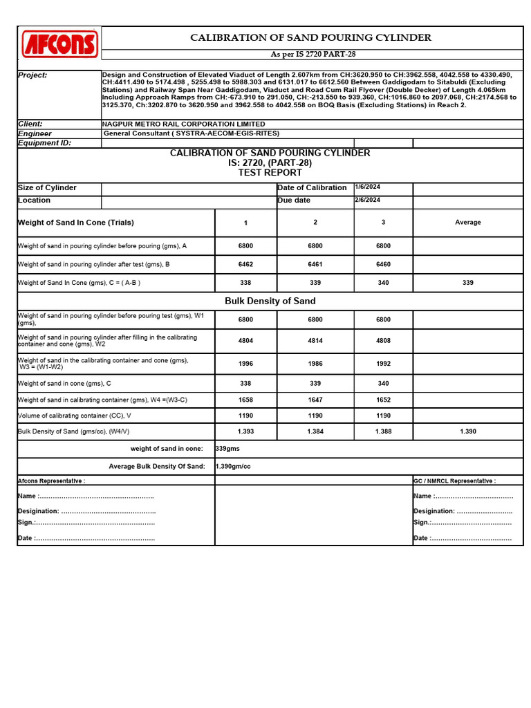 Sand Pouring Cylinder Calibration Report | PDF