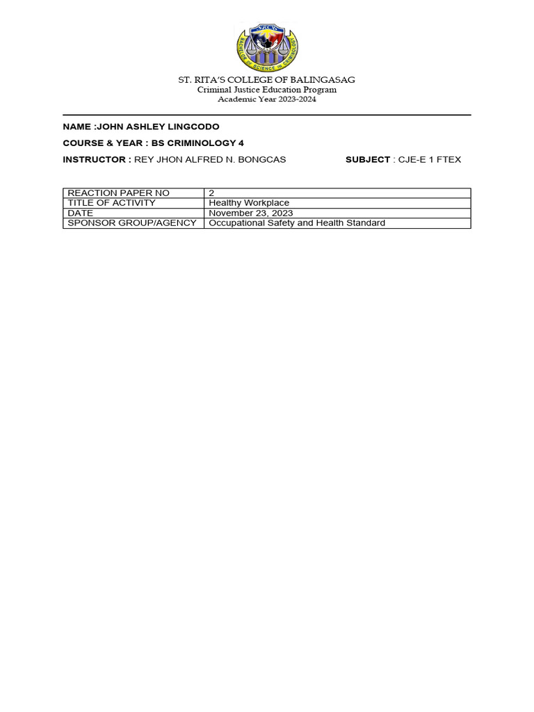 John Ashley Lingcodo - FTEX Reaction Paper 2 | PDF | Career & Growth | Wellness